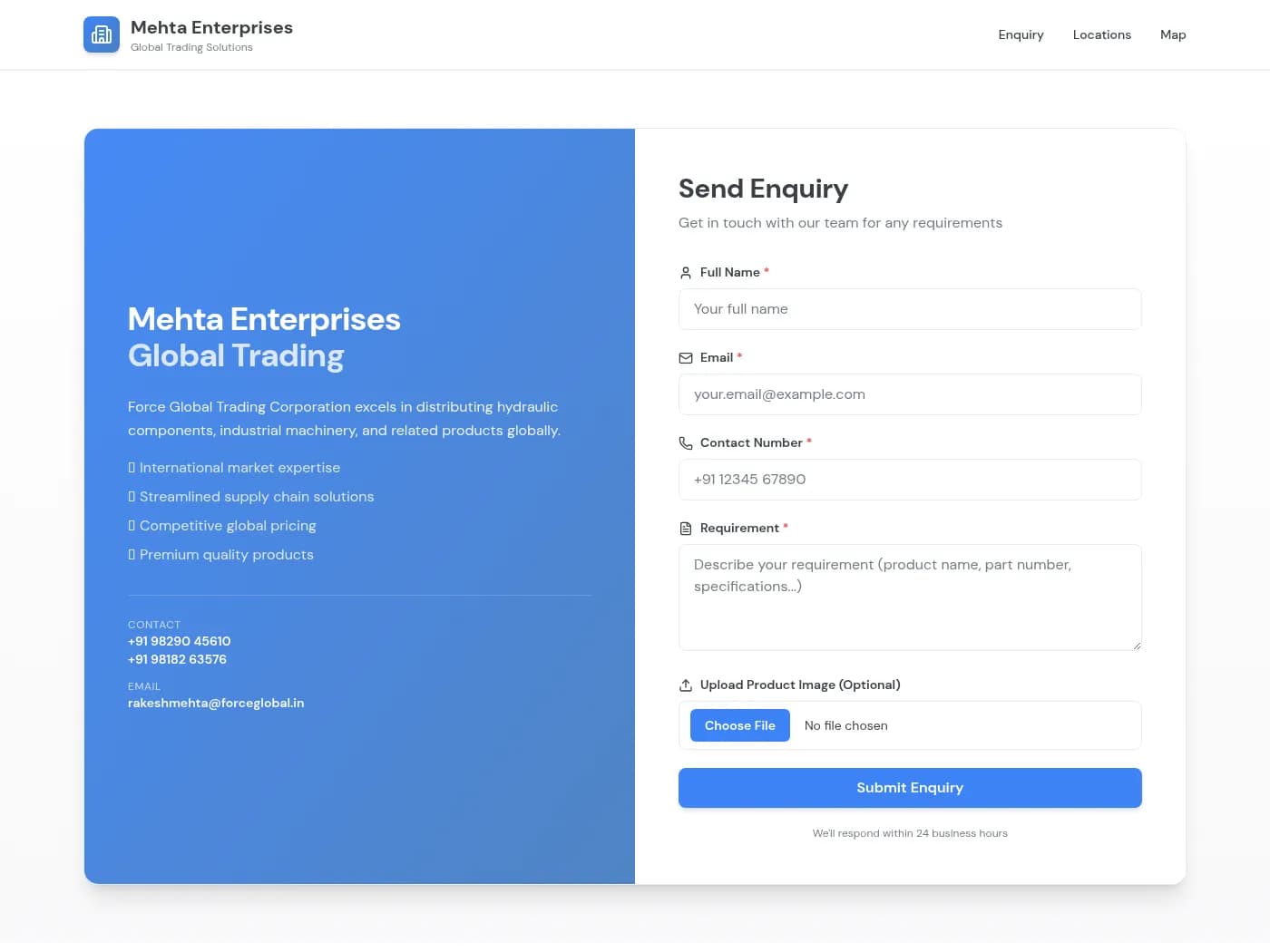 Mehta Enterprises Professional Enquiry & Office Locator Webpage