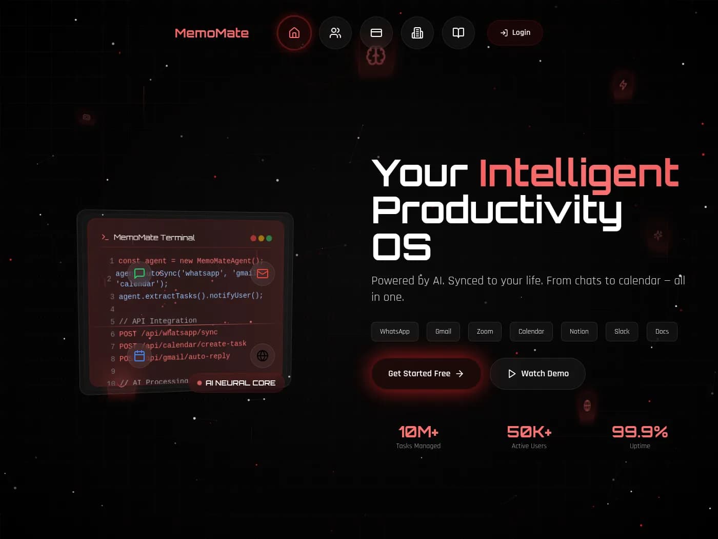 MemoMate - Futuristic 3D AI Productivity Landing Page