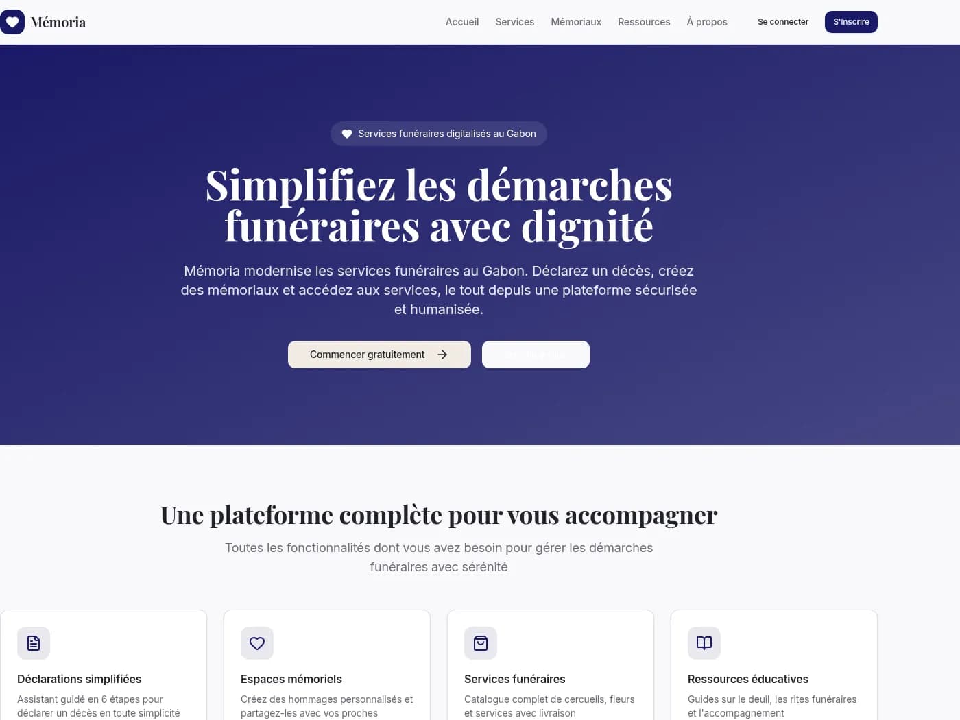 Mémoria — Plateforme Digitale Humanisée pour Services Funéraires au Gabon