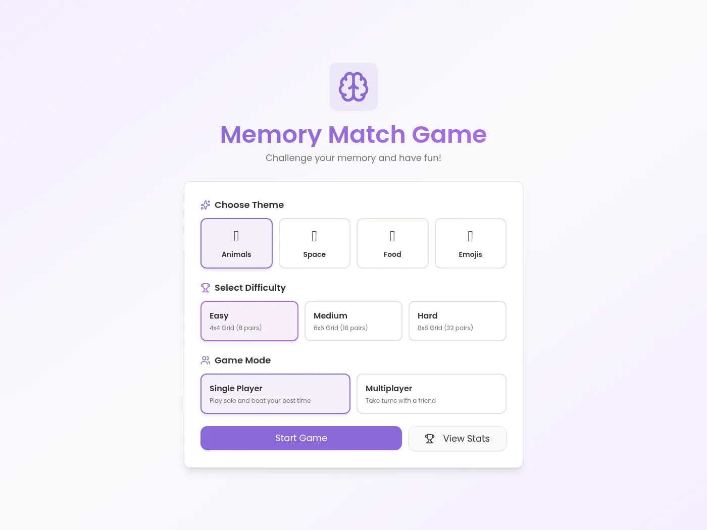 Memory Match Game with Themes and Multiplayer