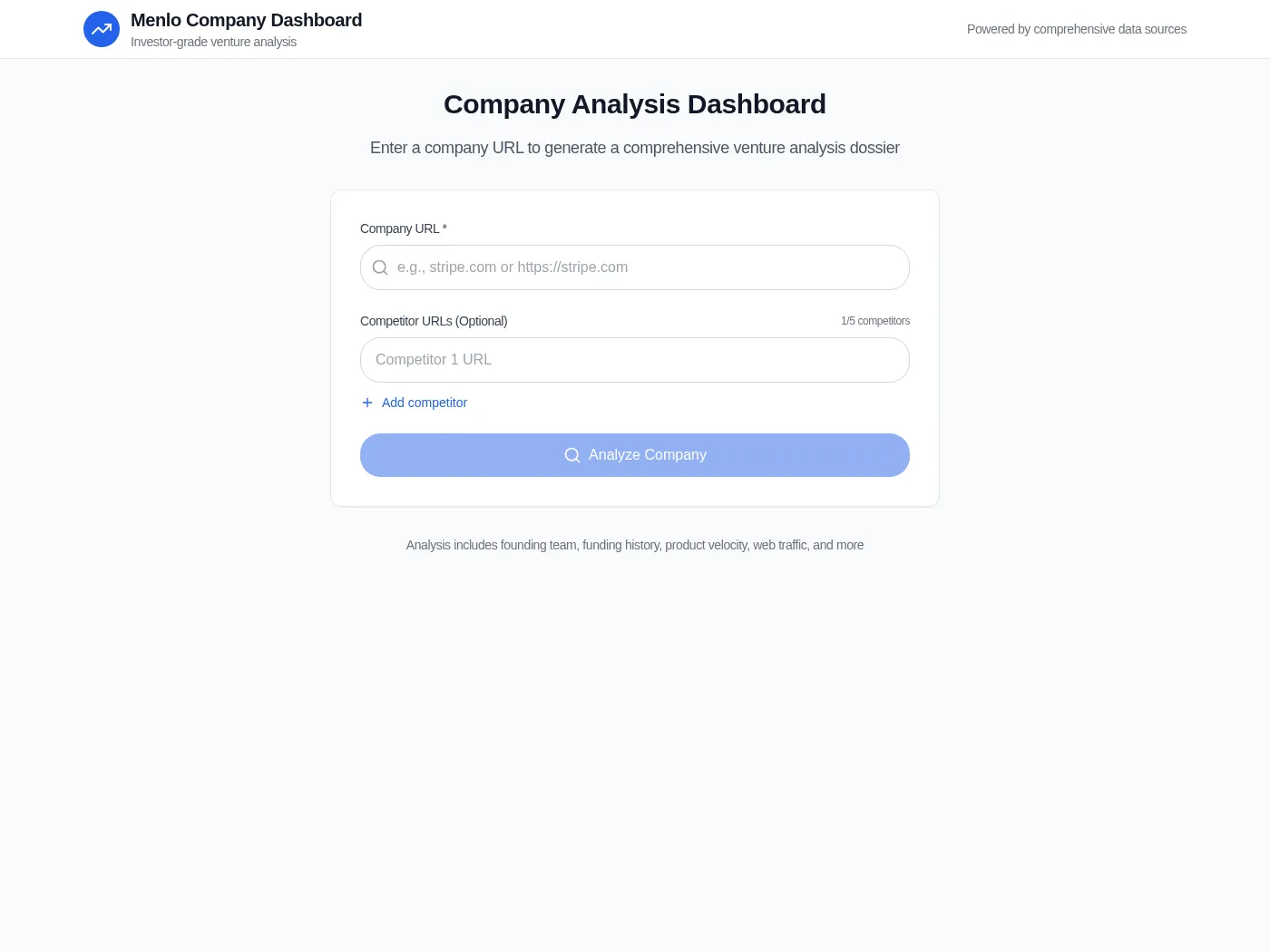 Menlo Company Dashboard: Investor-Grade Venture Analysis from Any Company URL