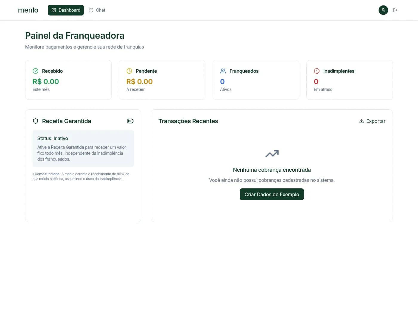 menlo Plataforma Mock-up: Pagamentos Inteligentes para Franquias (Web e Conversacional)