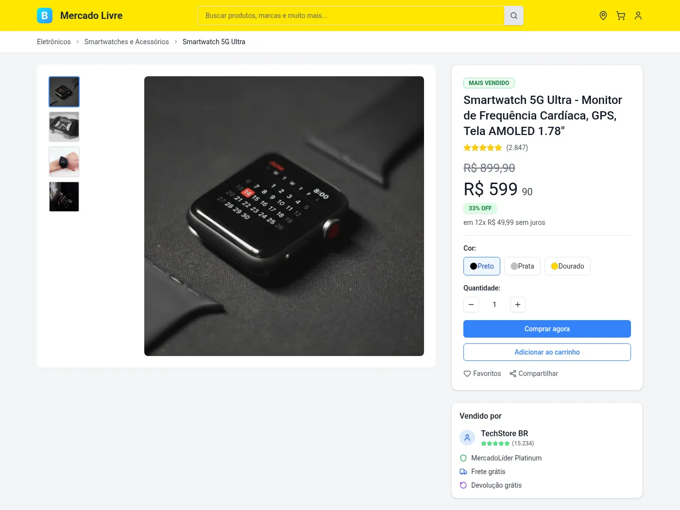 Mercado Livre Product Page Clone for Smartwatch 5G Ultra