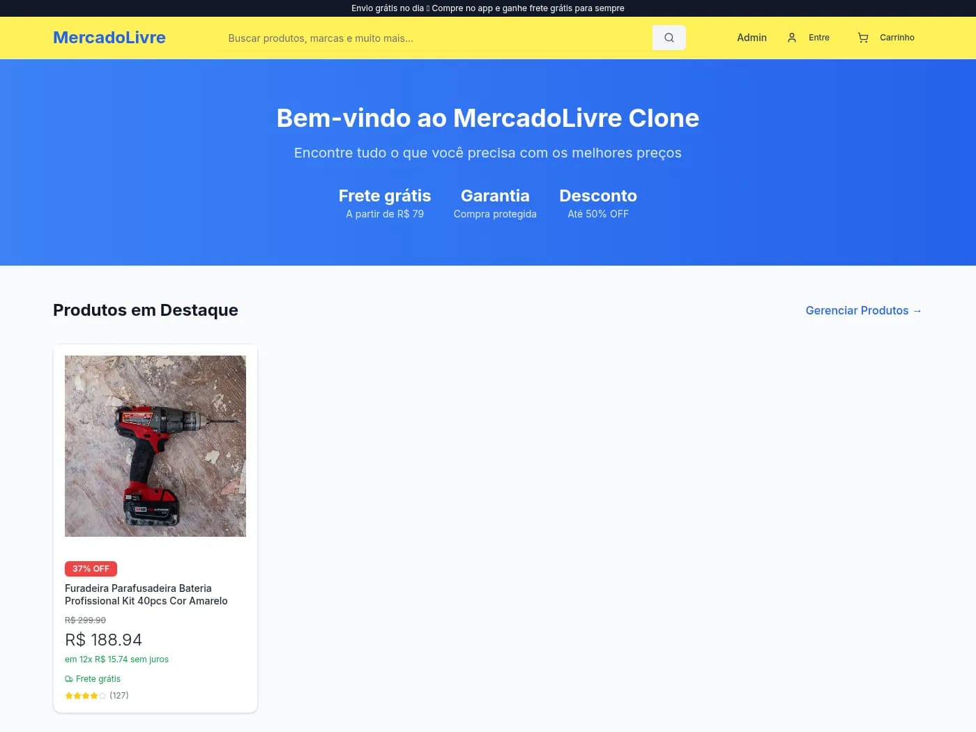MercadoLivre Product Page Clone with Dynamic Products Admin Panel