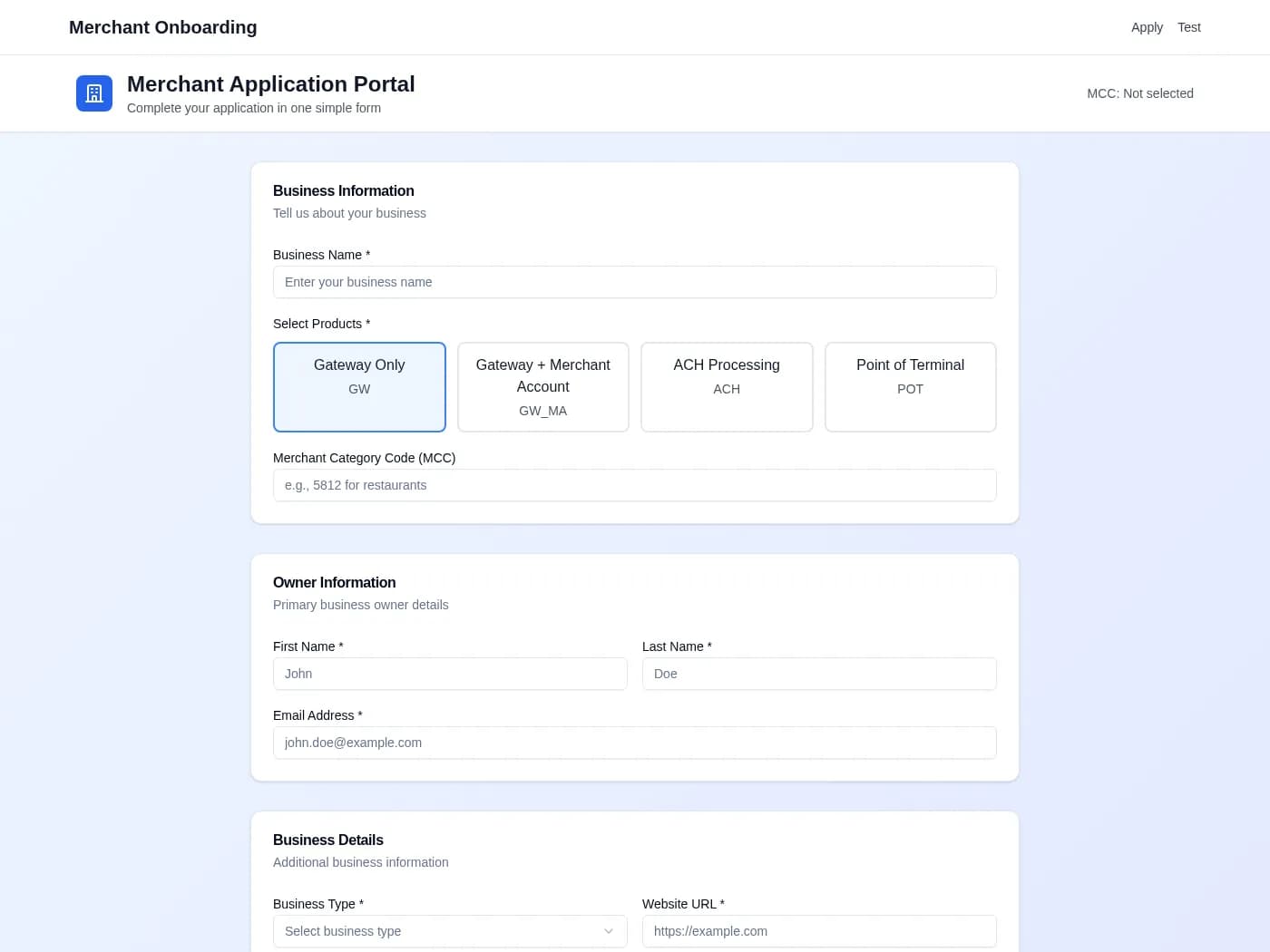 MCC-Aware Merchant Application Wizard (JSON-Driven, Production-Ready, Modular UI)