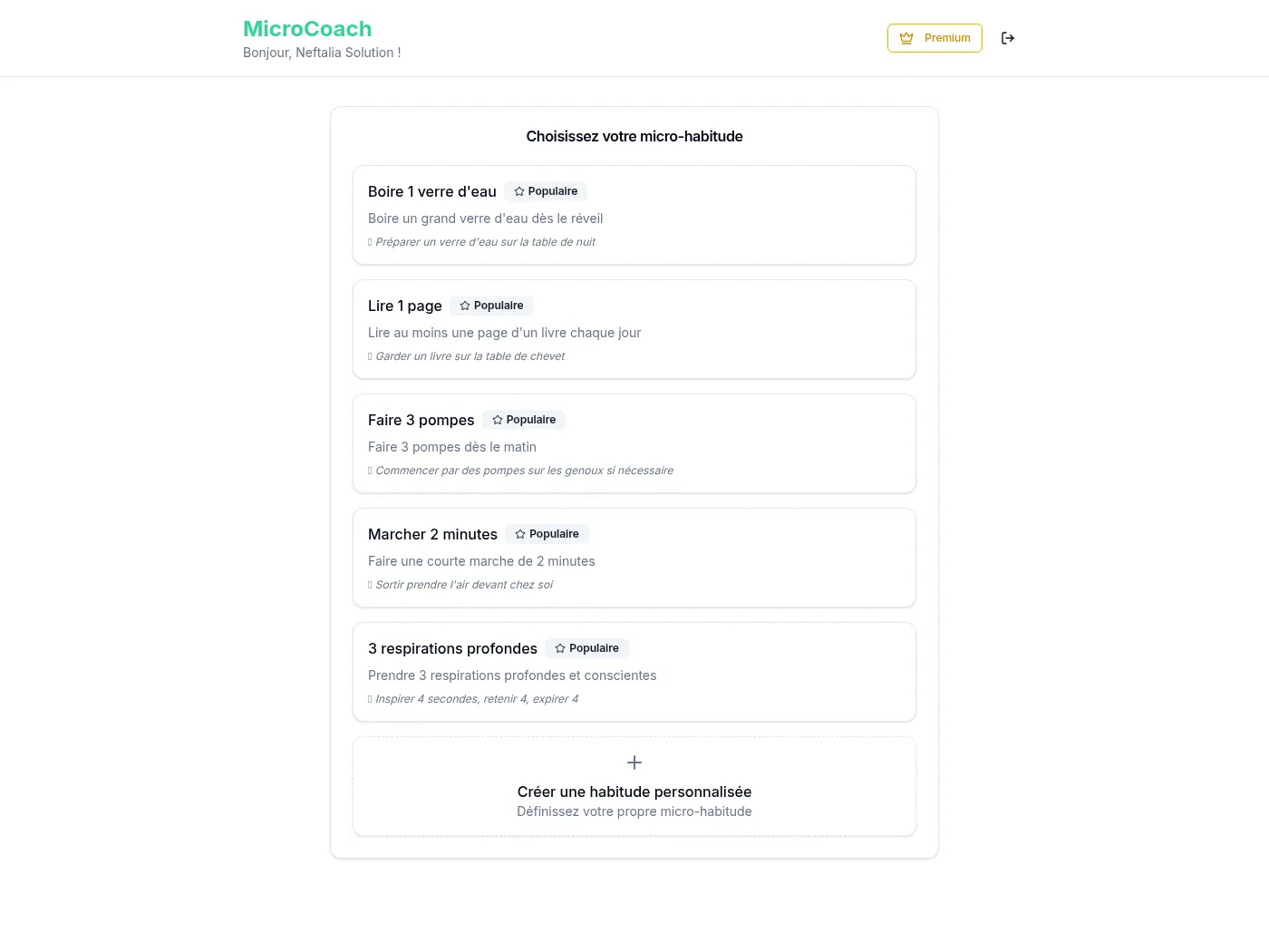 MicroCoach: Application d'aide à la construction de micro-habitudes quotidiennes