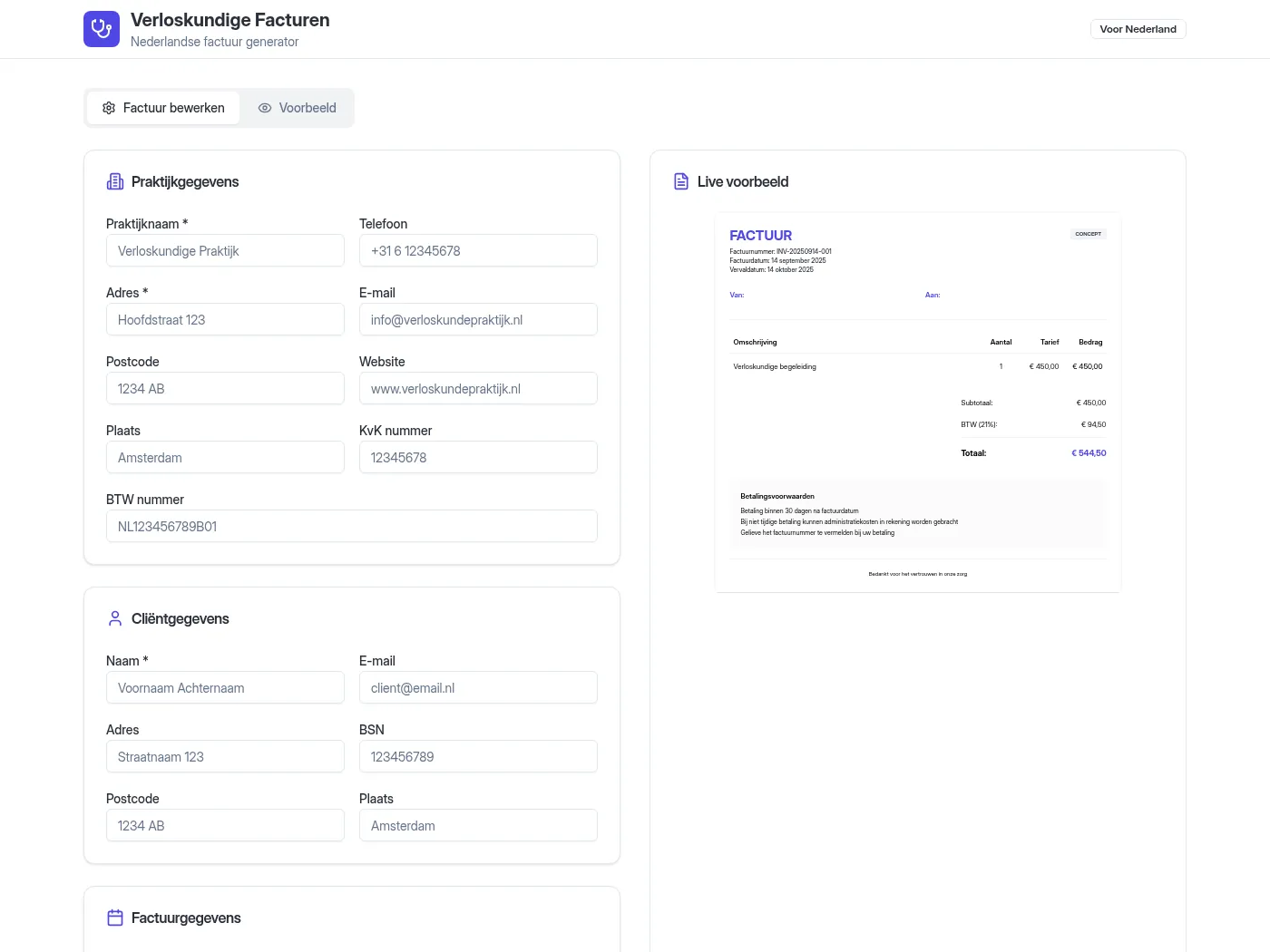 Dutch Midwifery Branded Invoice Generator