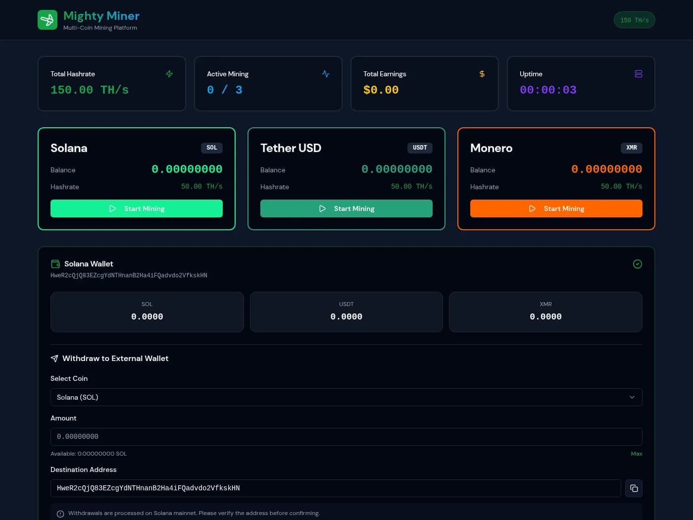 Mighty Miner: Multi-Coin Solana Wallet & Withdraw Platform