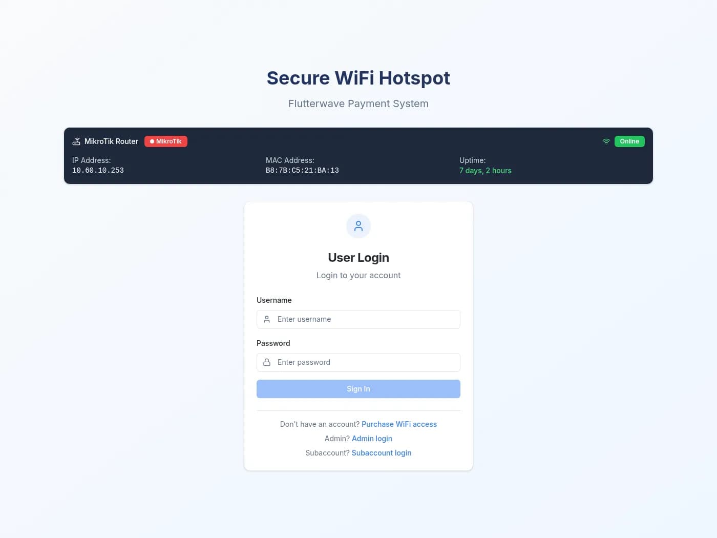 MikroTik WiFi Hotspot Portal with Flutterwave Payments & Analytics