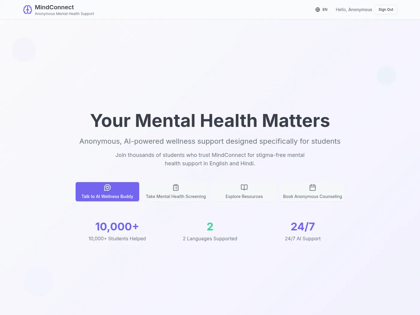 MindConnect – Anonymous AI-Powered Mental Health Support Platform for Students