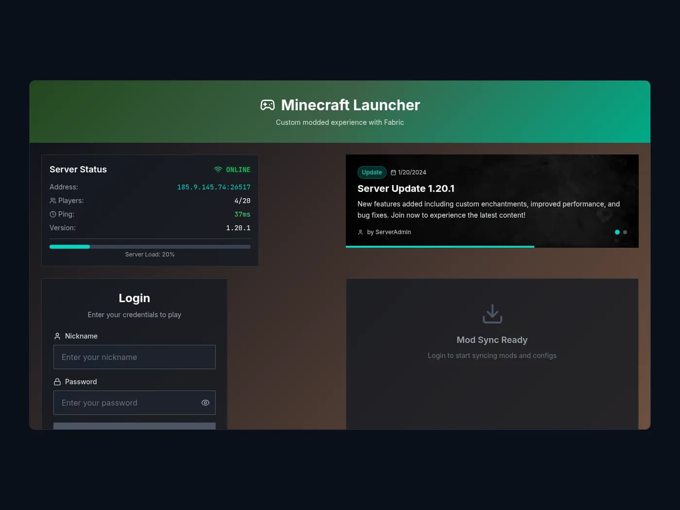 Custom Minecraft Launcher with Mod Sync and Server Status