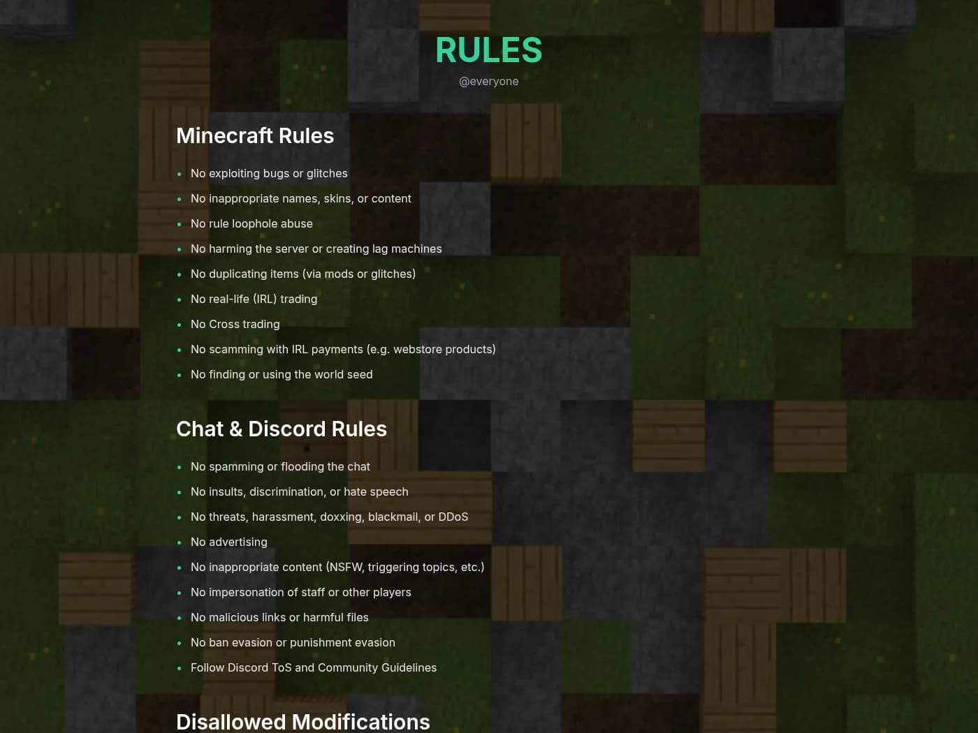 Minecraft Server Rules Website