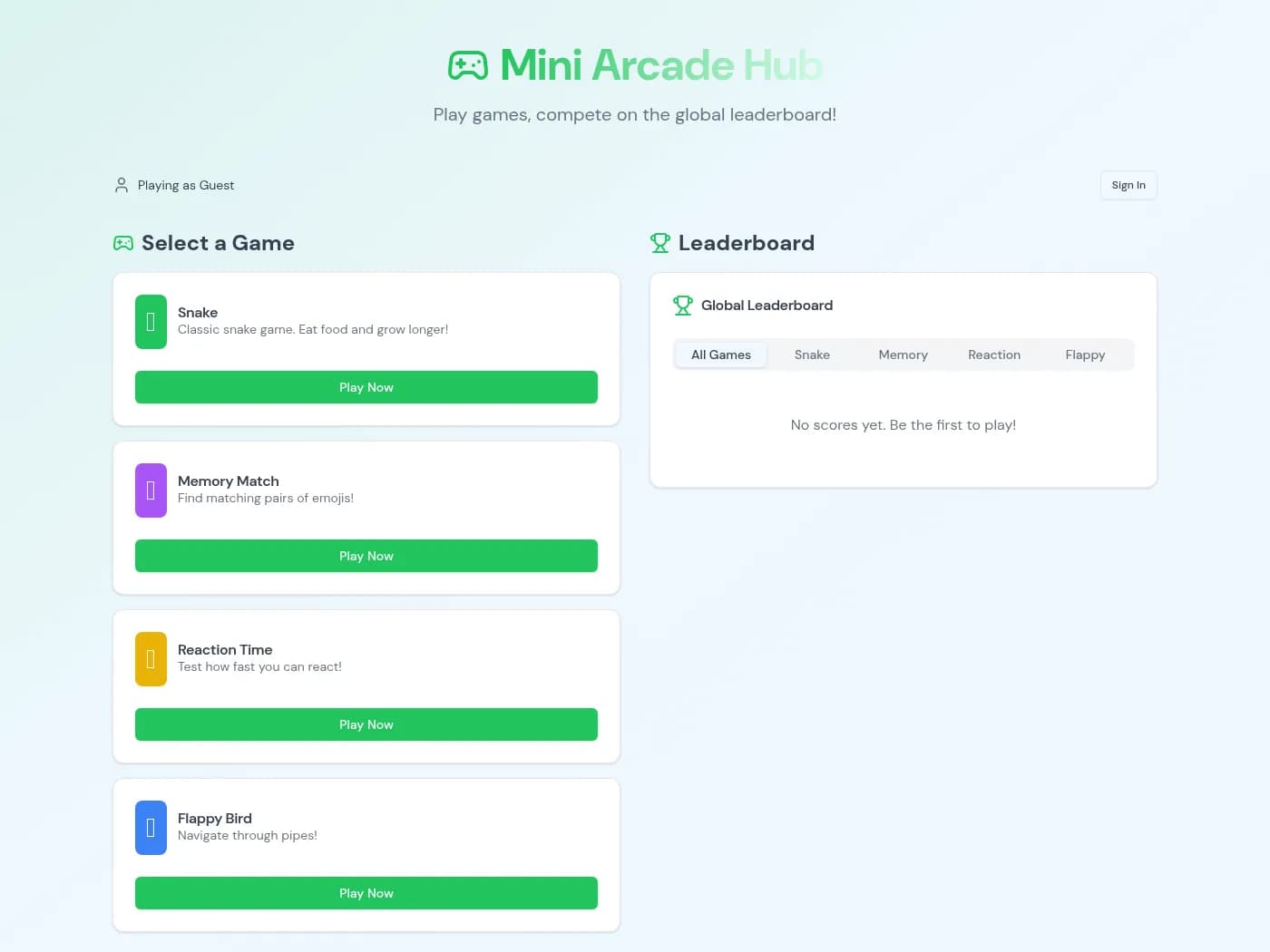 Mini Arcade Hub with Unified Leaderboard
