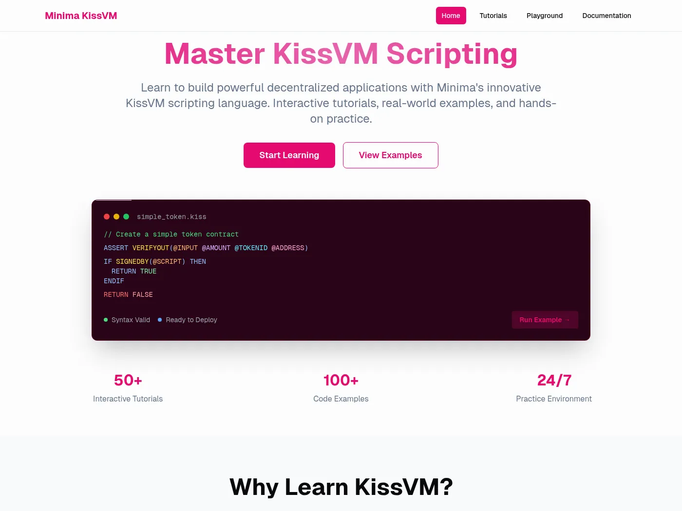 Minima KissVM Educational Platform for DApp Developers