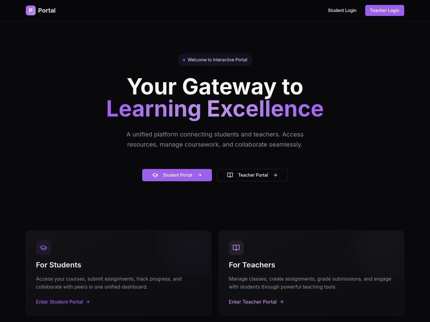 Minimal Dark-Themed Interactive Portal for Students and Teachers