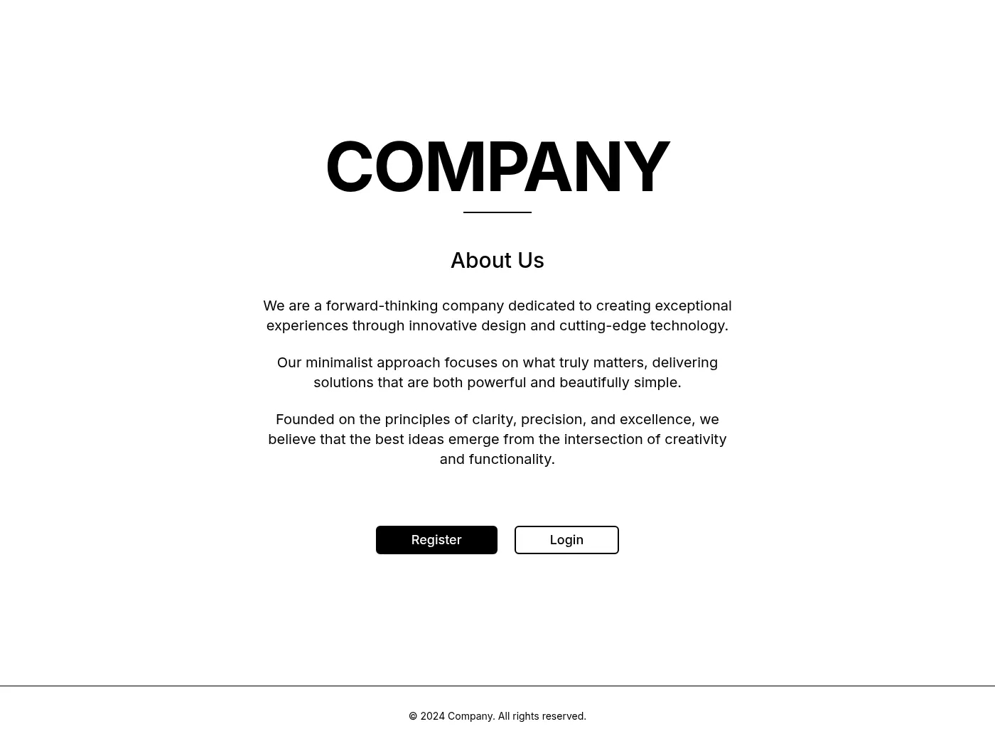 Minimalist About Us Page with Register and Login