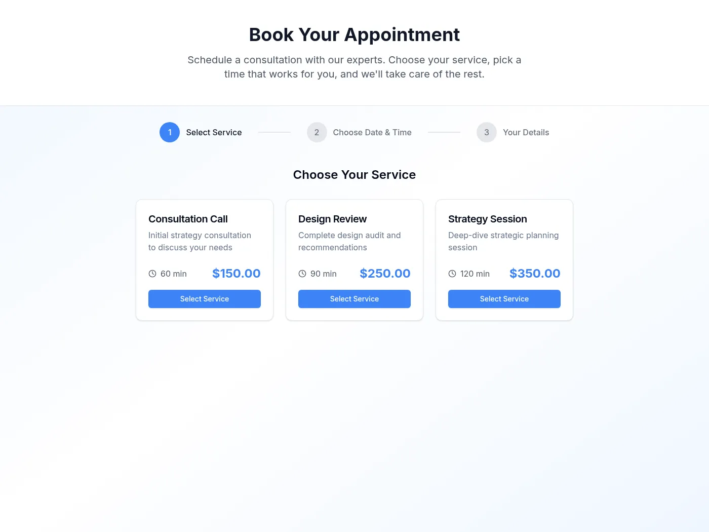 Minimalist Booking Website with Availability Picker and Service Options
