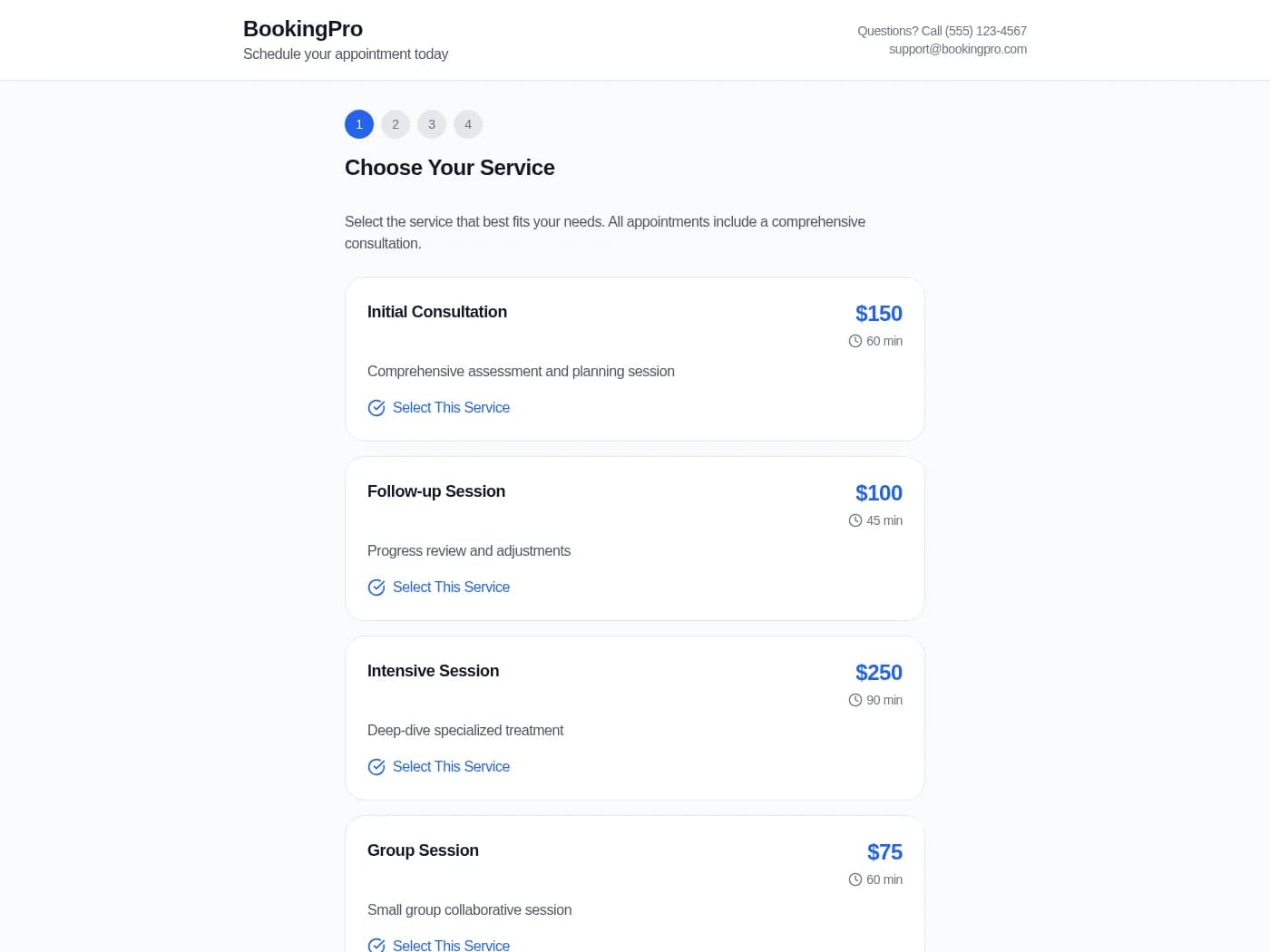 Minimalist Booking Website with Service Selection