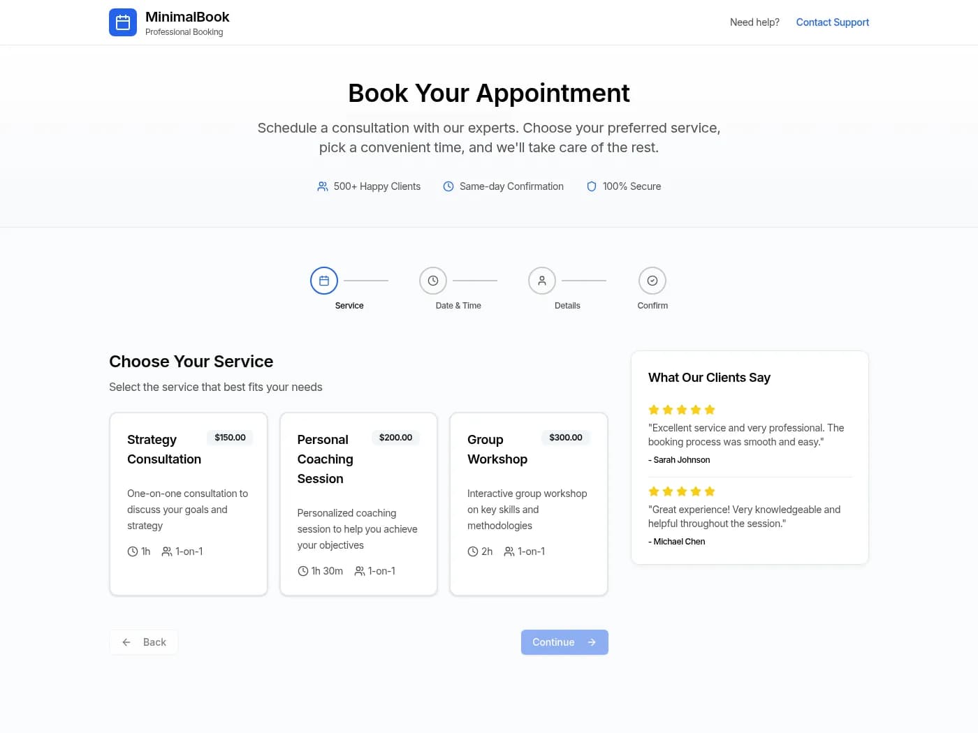 Minimalist Booking Website with Availability Picker and Lead Capture