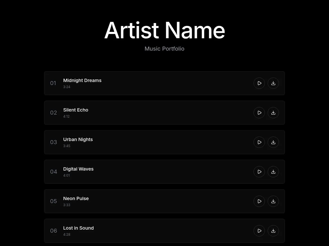 Minimalist Music Portfolio with Downloadable Tracks