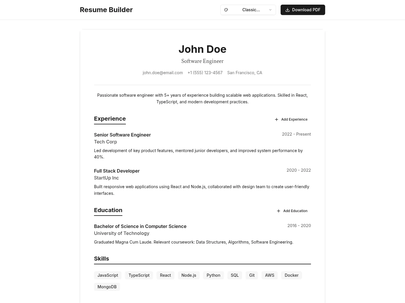 Minimalist Resume Website with PDF Export and Customizable Themes