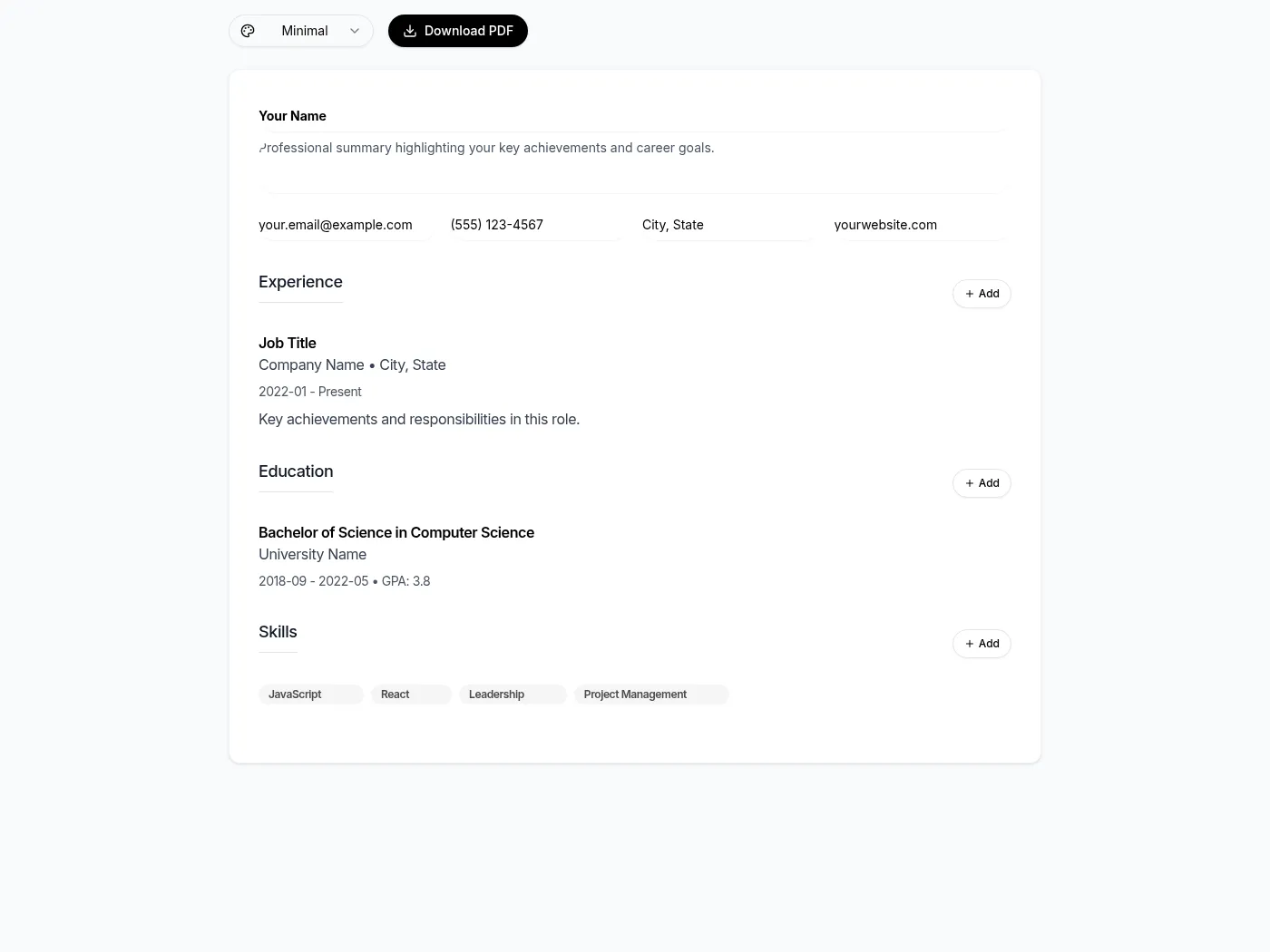 Minimalist Resume Website with Editable Sections and PDF Export