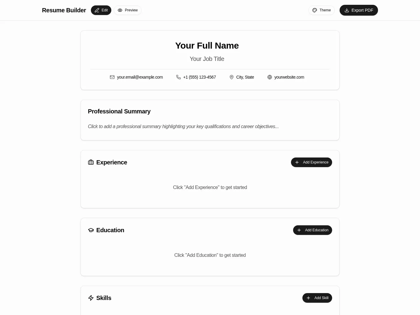 Minimalist Resume Website with Editable Sections and PDF Export