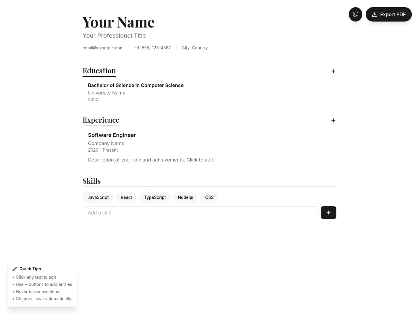 Minimalist Resume Website with Editable Sections and PDF Export