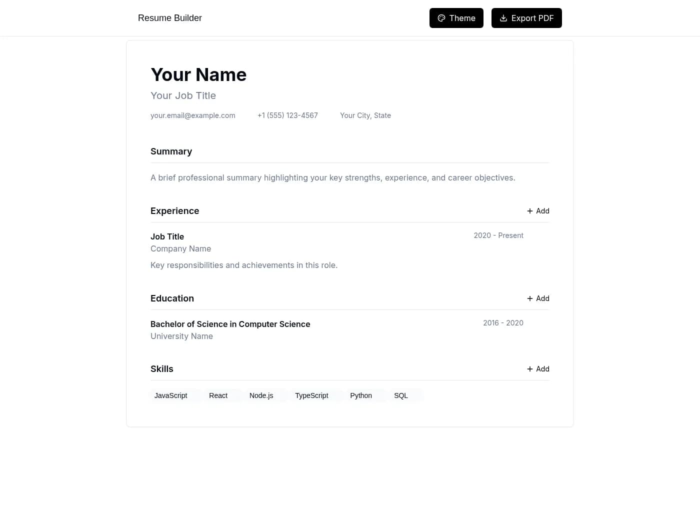 Minimalist Resume Website with PDF and Theme Picker
