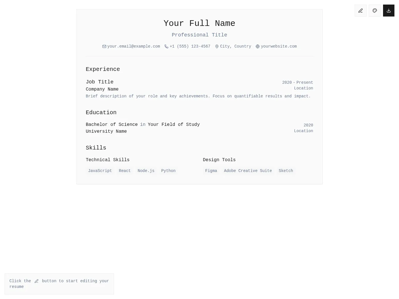 Minimalist Resume Website with Editable Sections and PDF Export