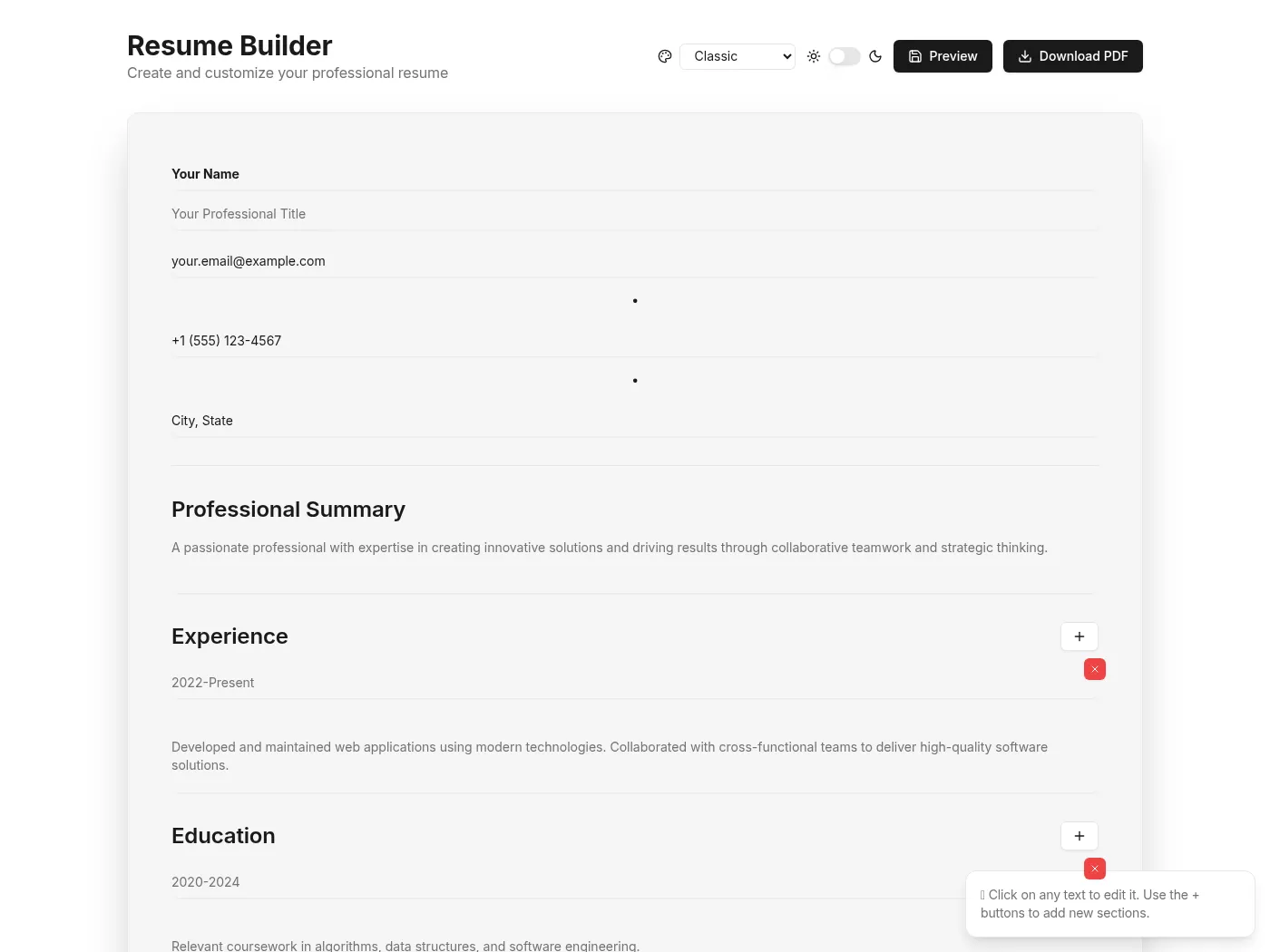 Minimalist Resume Website with Editable Sections and PDF Download