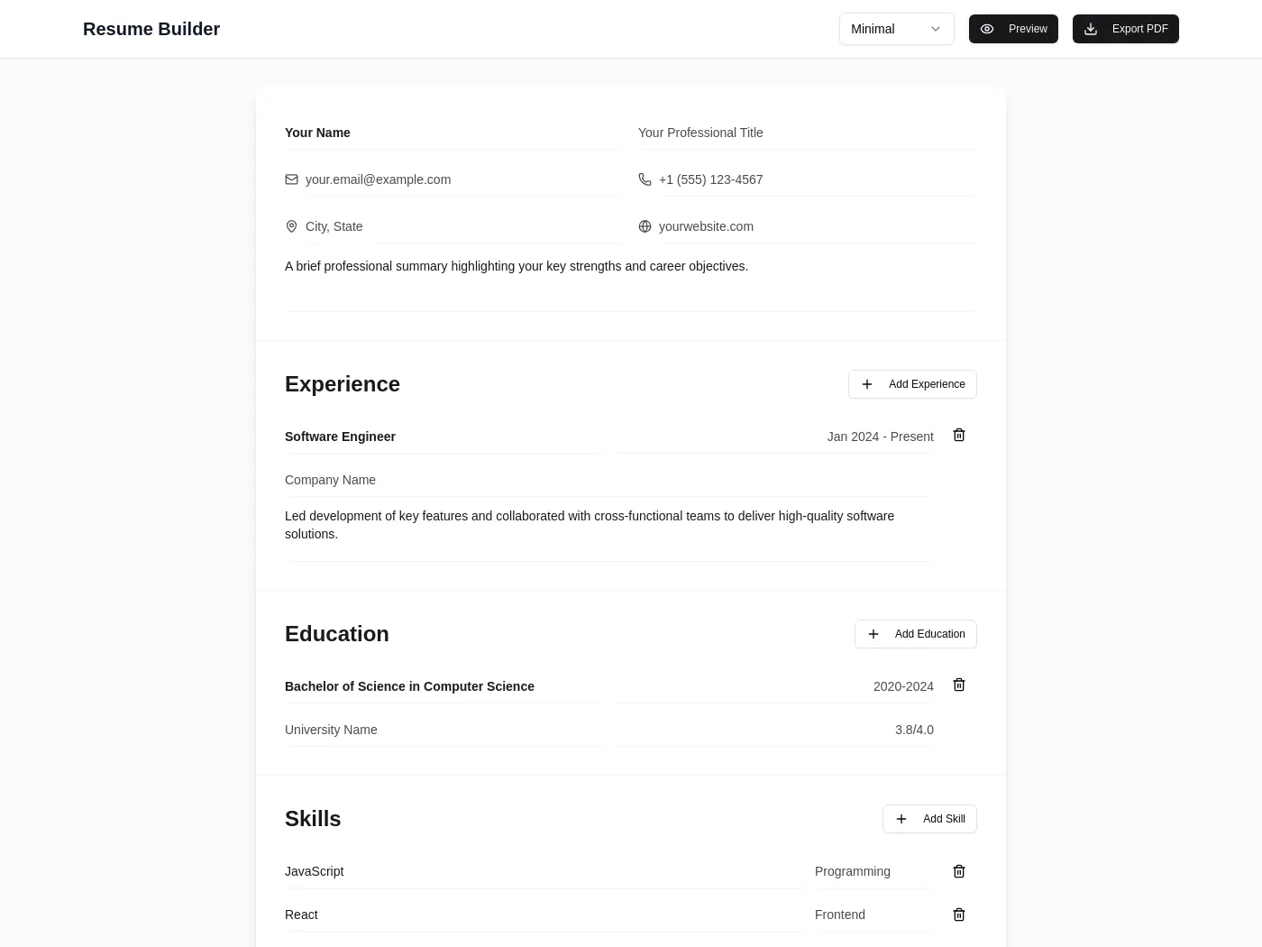 Minimalist Resume Website with Editable Sections and PDF Export