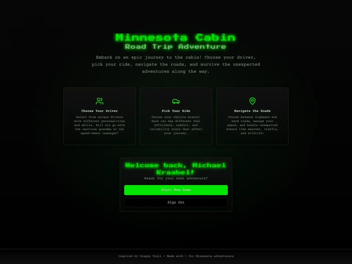 Minnesota Cabin Road Trip Adventure Game
