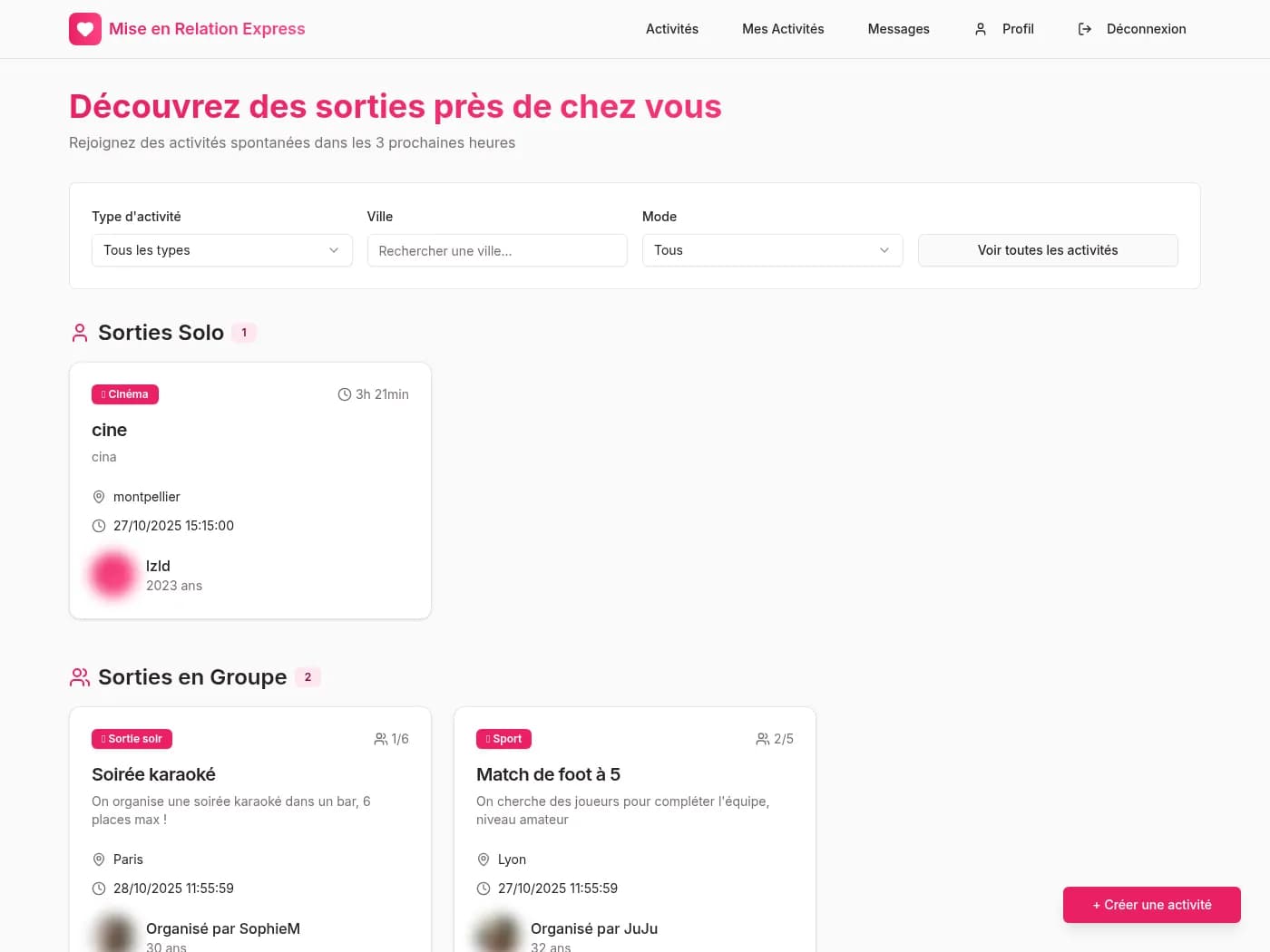 Mise en Relation Express – Site de rencontres pour sorties spontanées