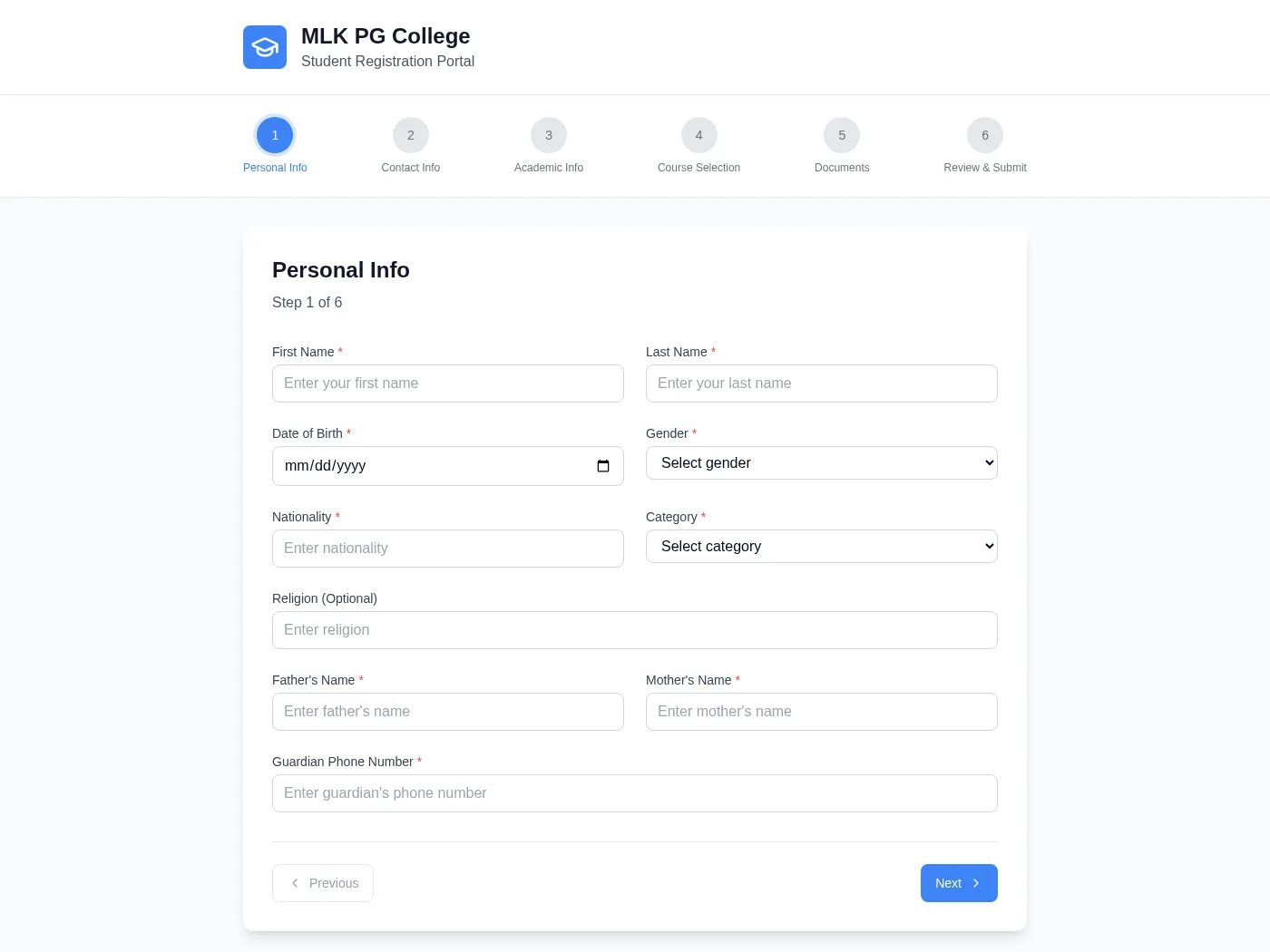 MLK PG College Registration Portal
