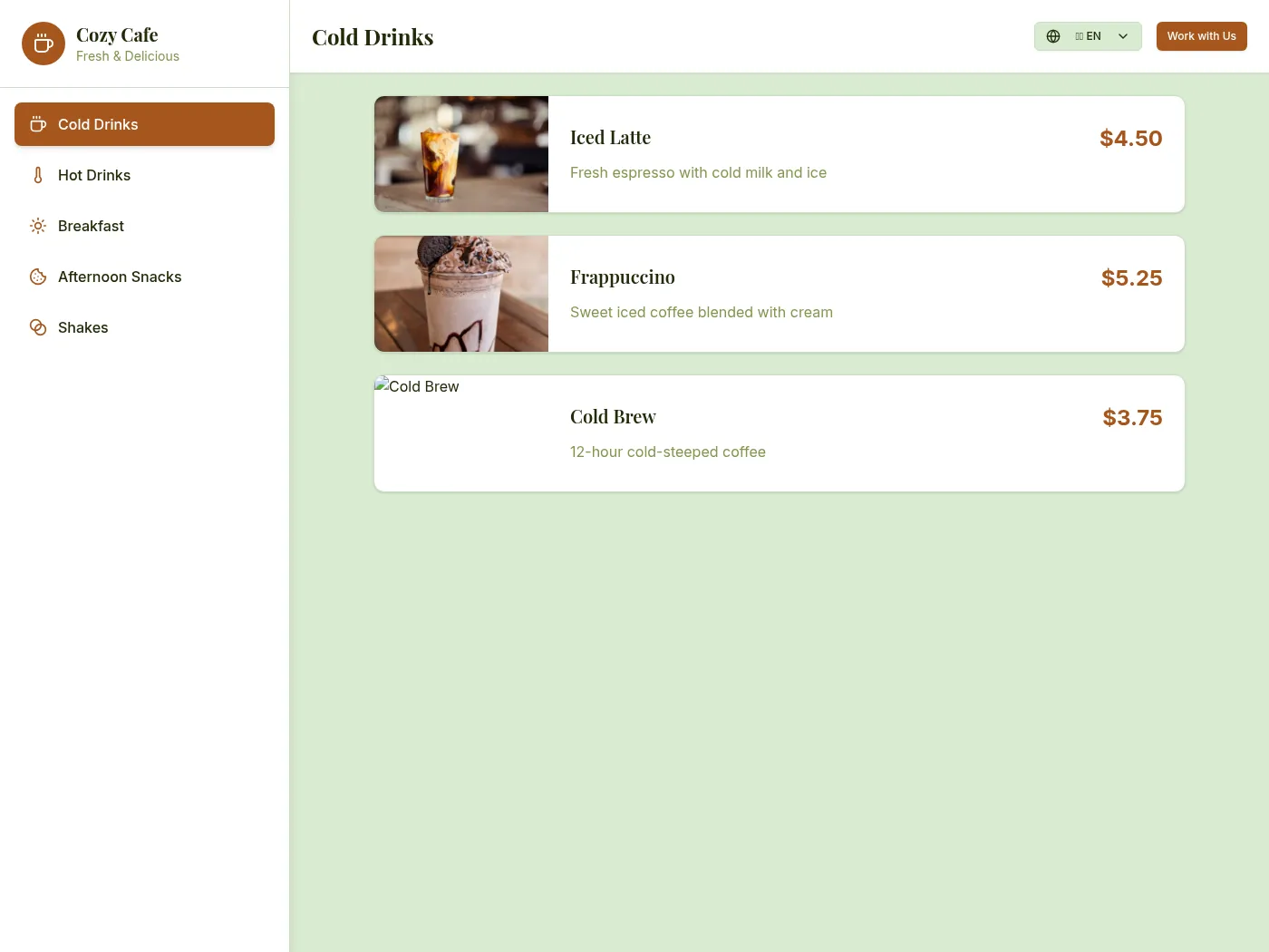 Modern Cafe & Restaurant Menu Web Page
