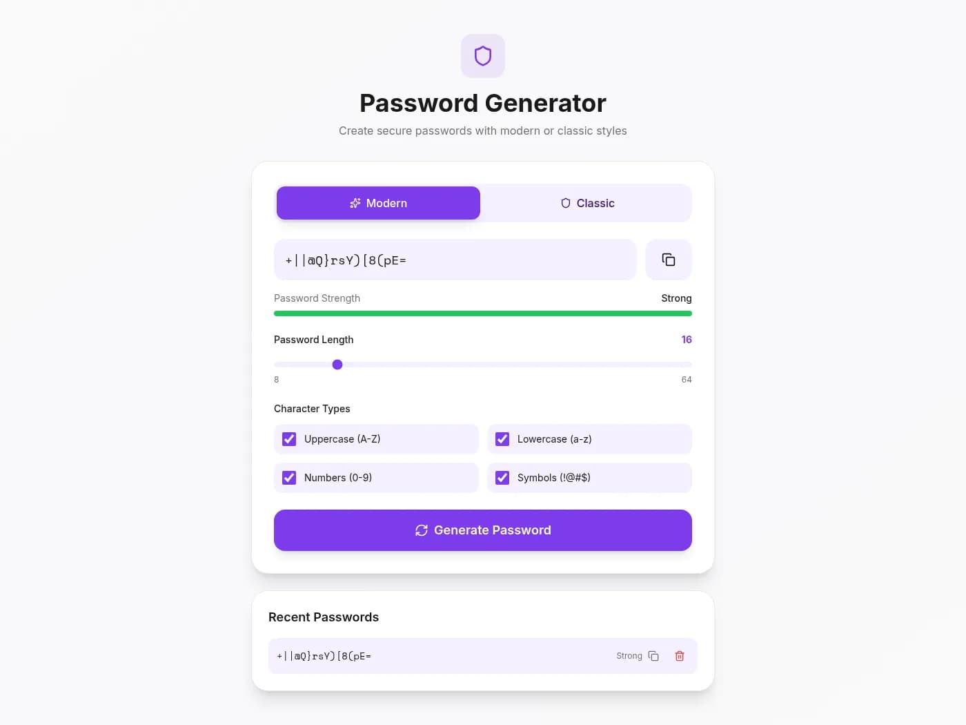 Modern & Classic Password Generator