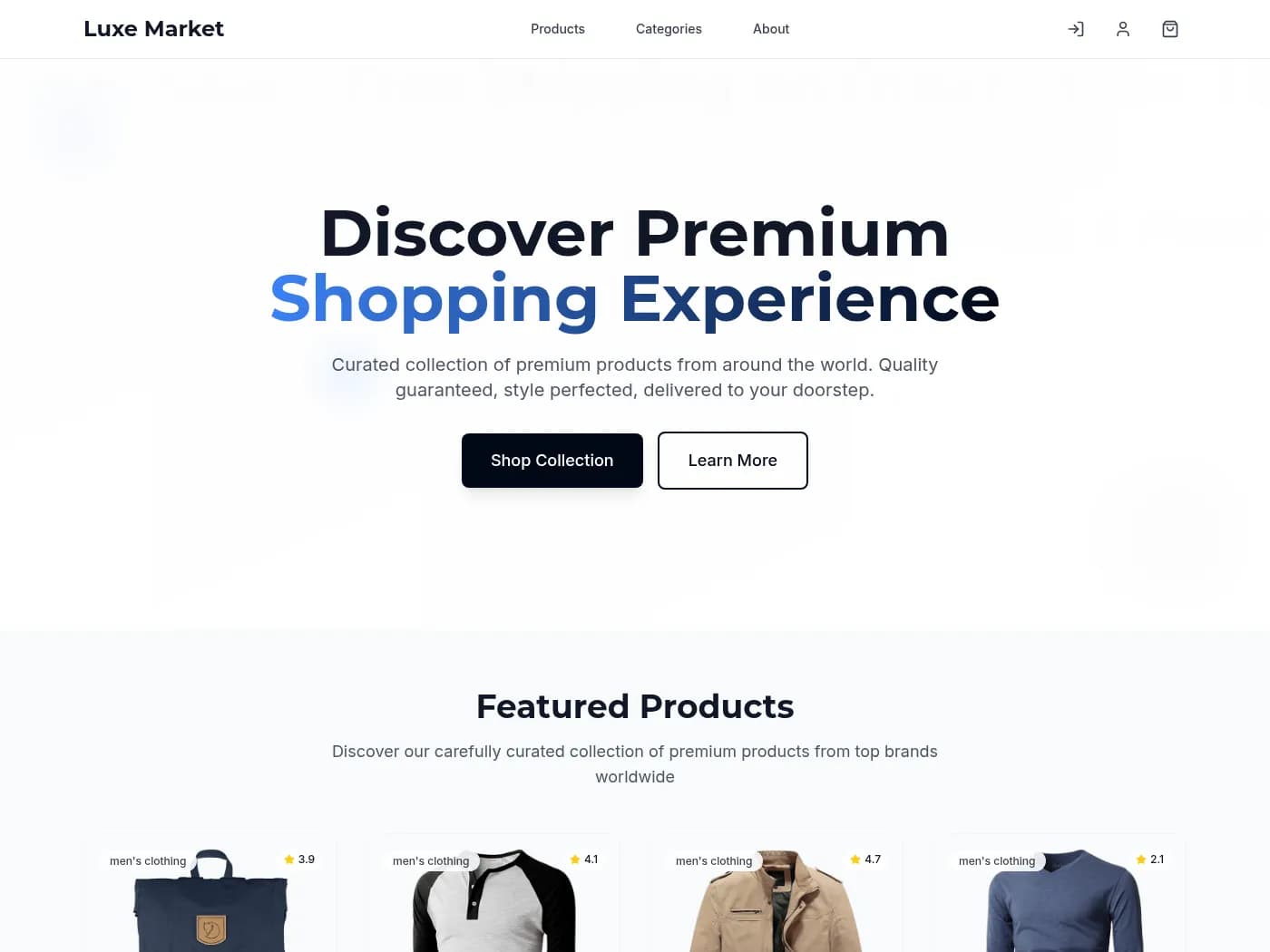 Modern Ecommerce Storefront UI with Animated Hero and Cart Features