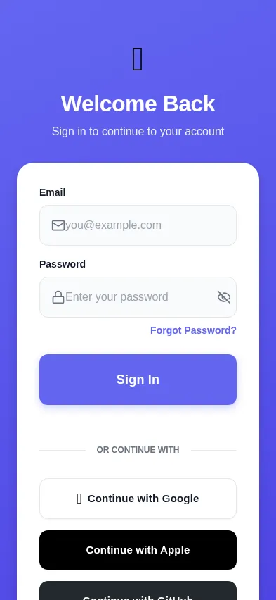 Modern Mobile Login Screen with Email and Social Authentication
