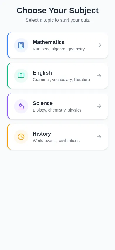 Modern Mobile Quiz App for Multiple Subjects