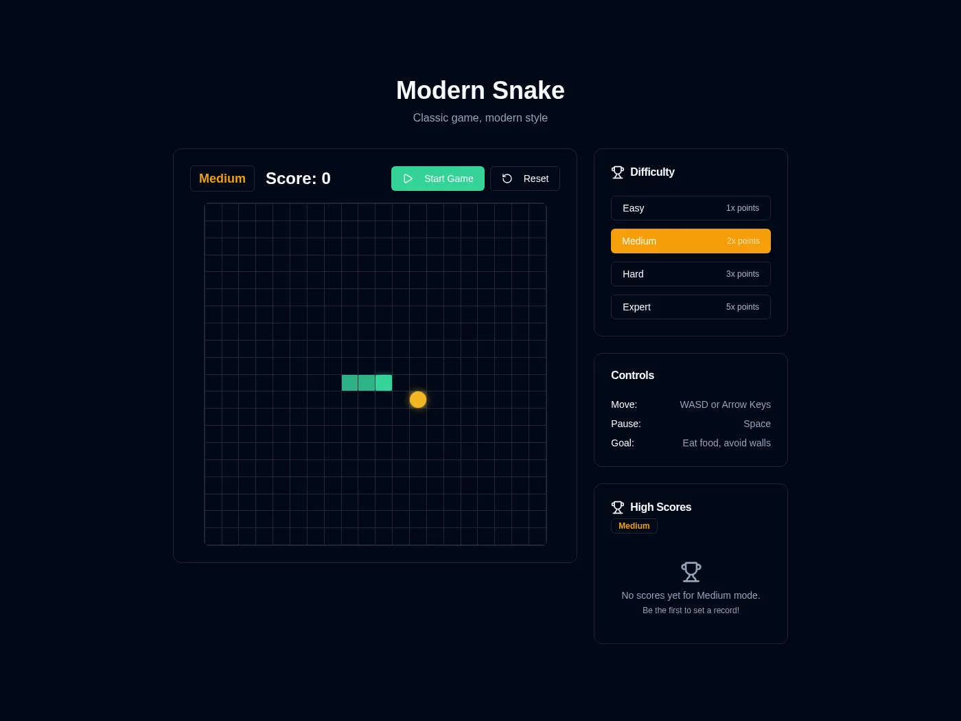 Modern Snake Game with Difficulty Levels and High Score Tracking
