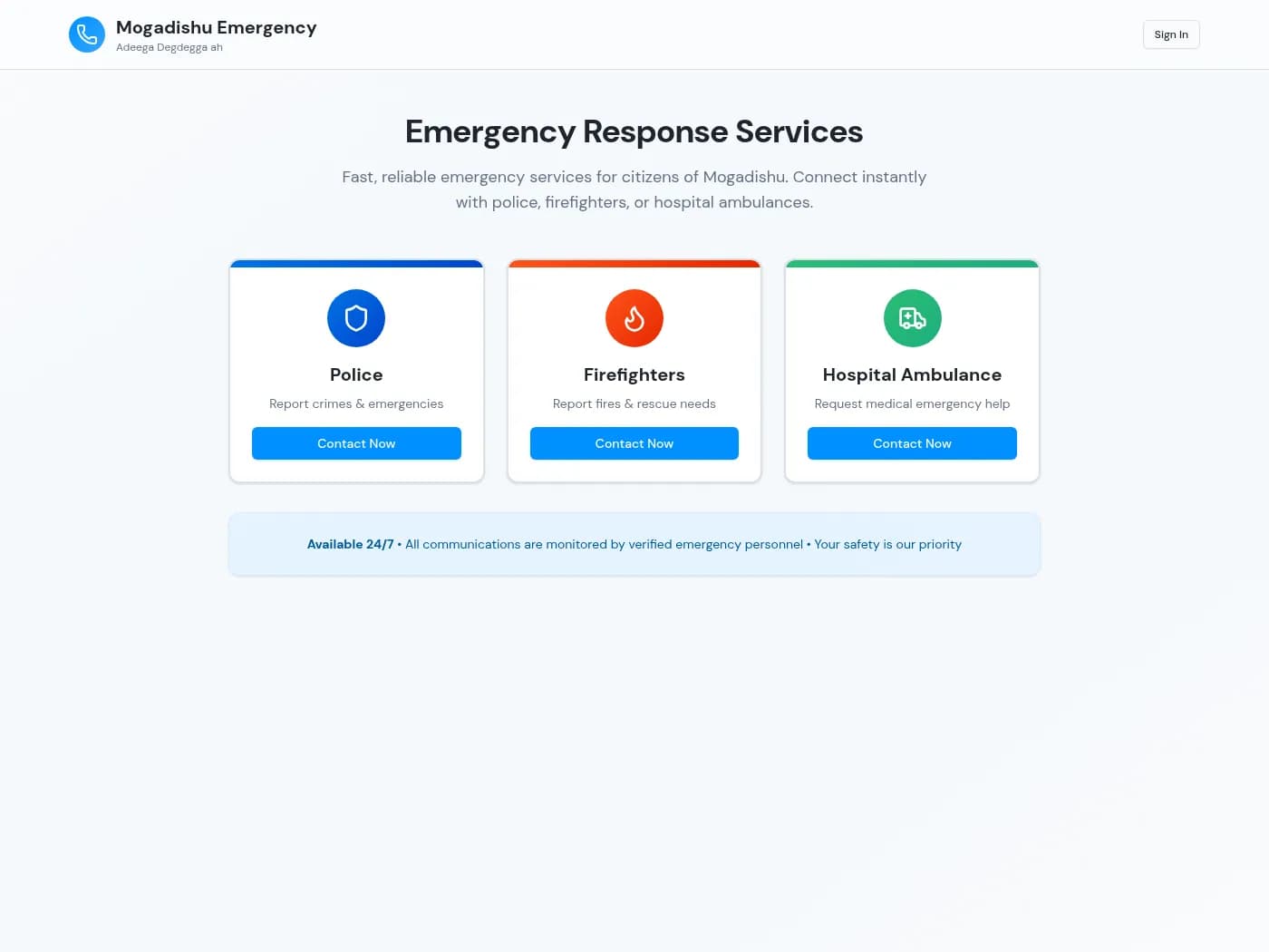 Mogadishu Emergency Response Web App with Real-Time Citizen-Department Chat
