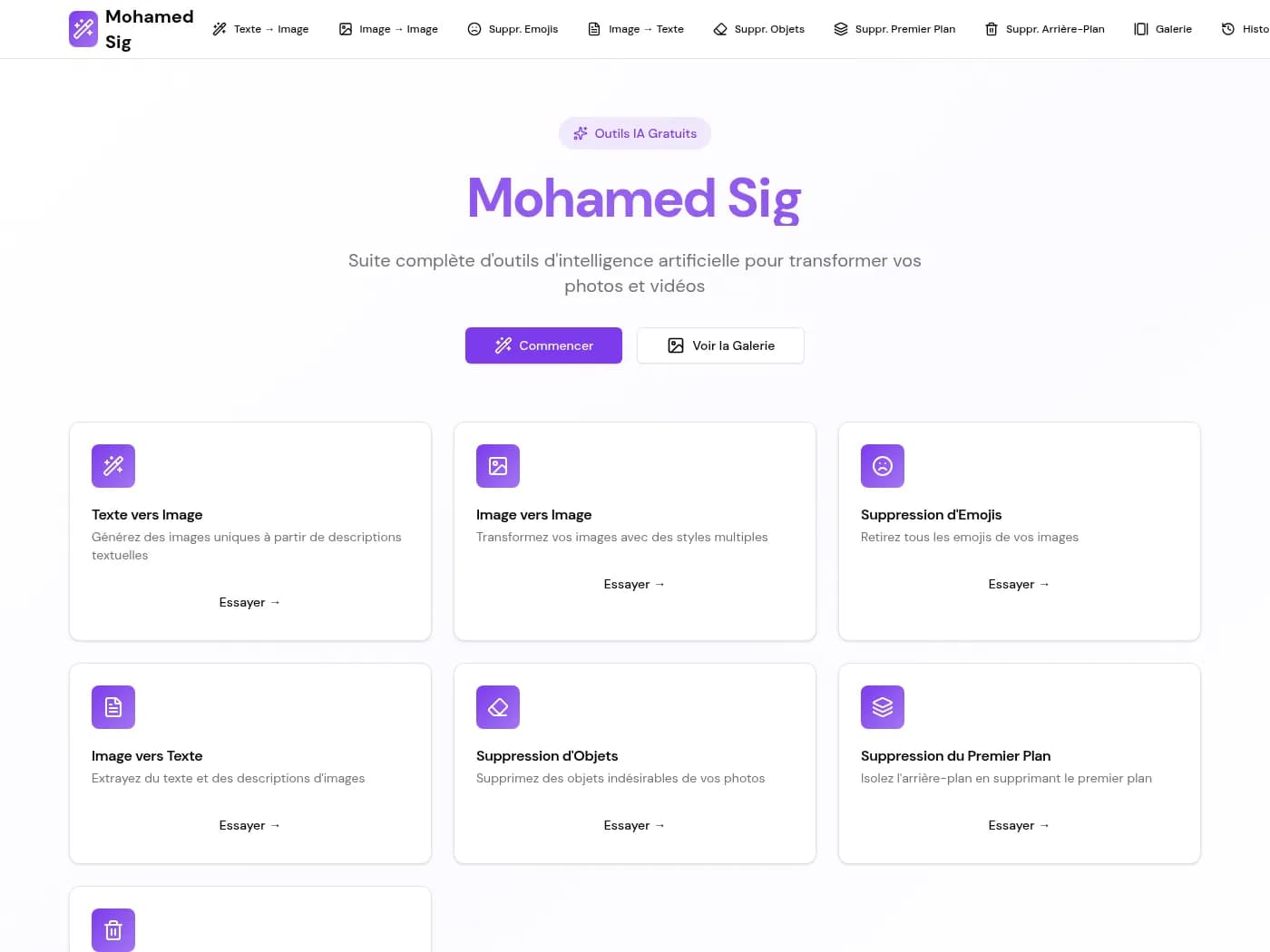 Mohamed Sig - Plateforme IA gratuite pour outils photo et vidéo