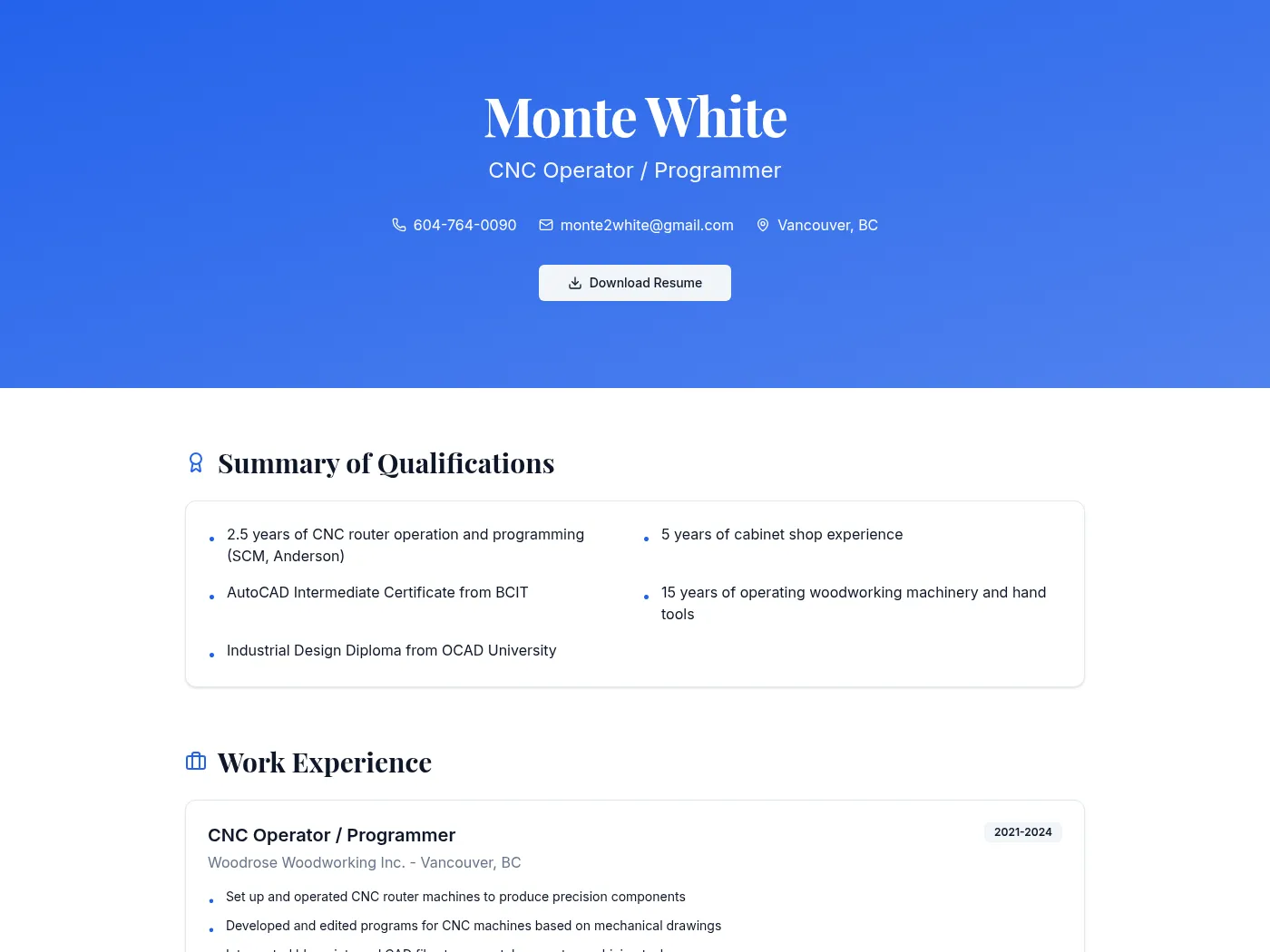 Monte White CNC Operator/Programmer Portfolio & Resume Website