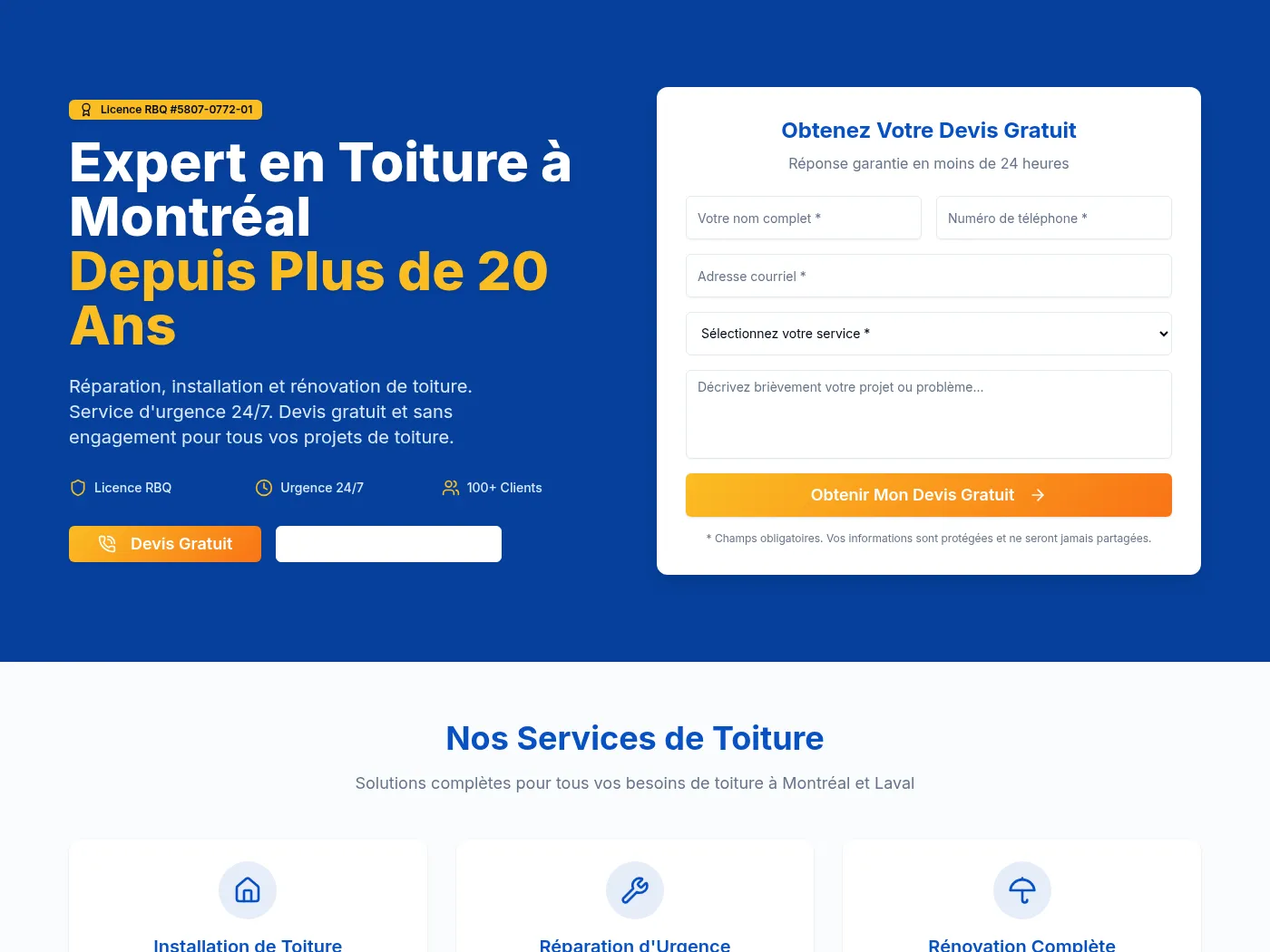 Montreal Roofing Lead Generation Landing Page