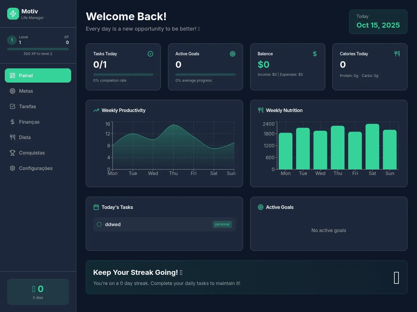Motiv Personal Life Manager – Modern, Gamified Dashboard for Goals, Tasks, Finances & Diet