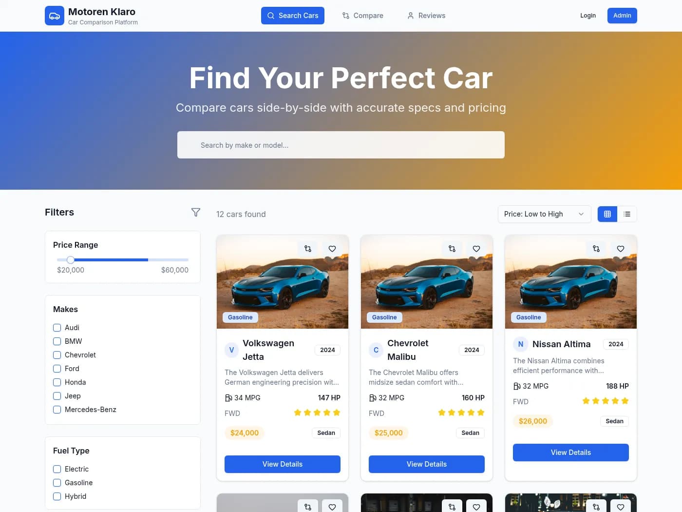 Motoren Klaro – Car Comparison MVP Platform