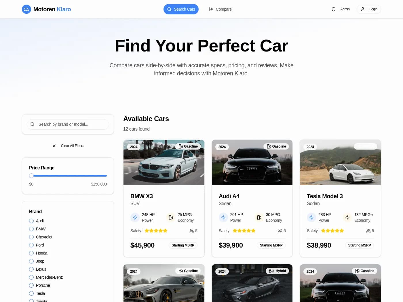 Motoren Klaro – Car Comparison MVP Platform
