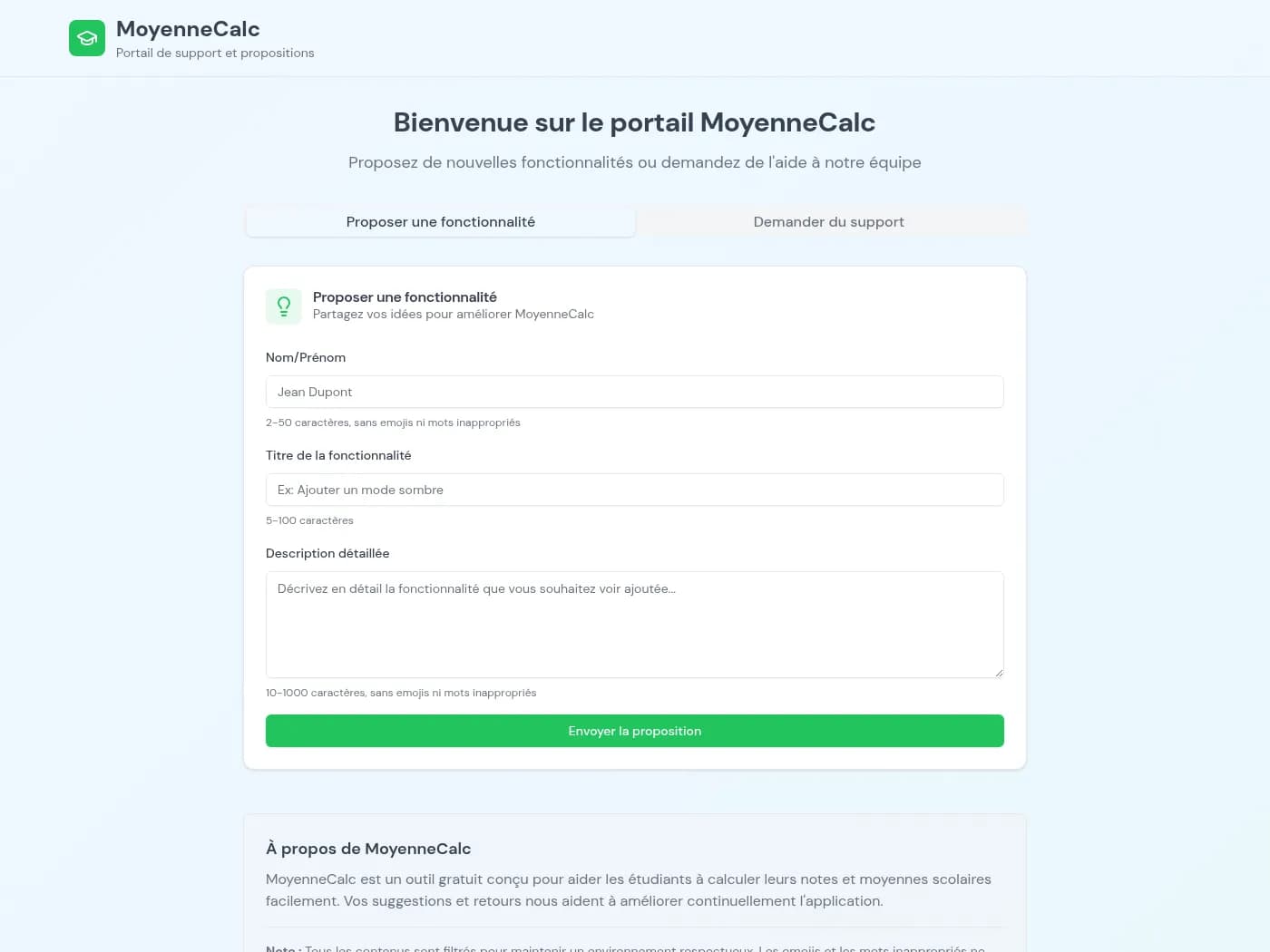 MoyenneCalc Proposals & Support Portal (French, Secure, Easy Access)