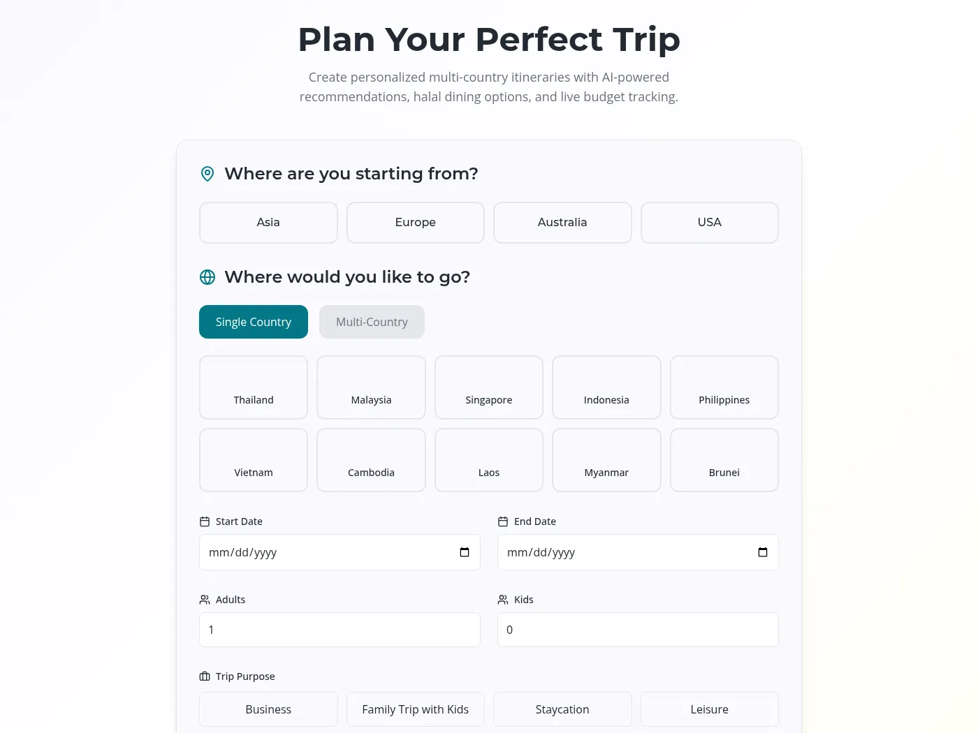 Multi-Country Trip Itinerary Generator with Customization, Halal Dining, Budgeting, and Multilingual Output